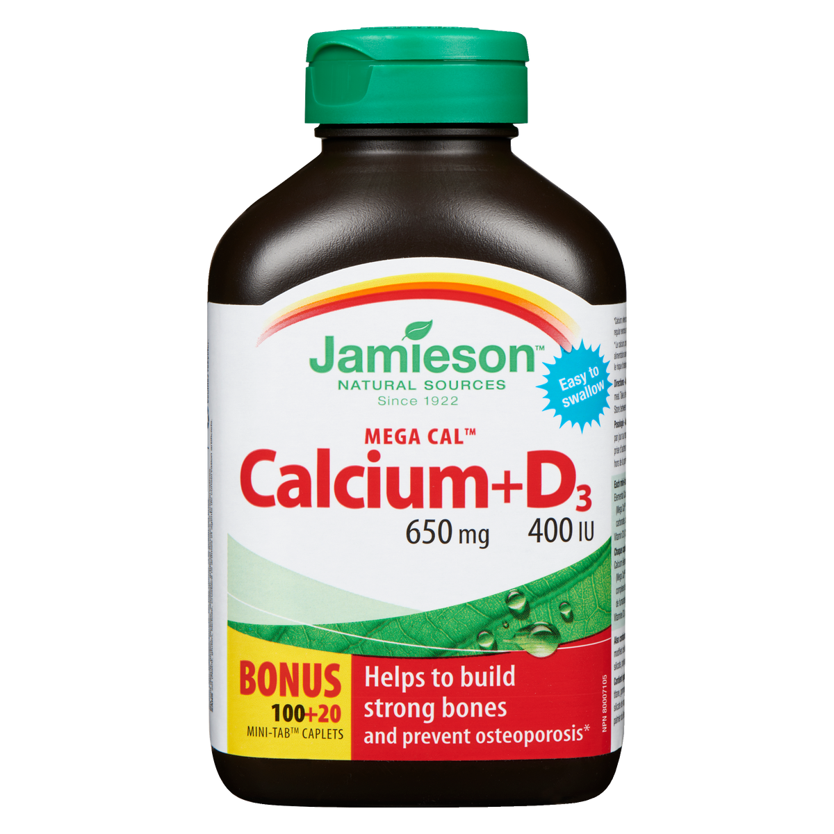 Jamieson Mega Cal Calcium + D₃ 650 mg 400 IU Bonus 100+20 Mini-Tab Cap ...